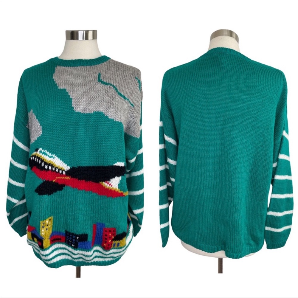 Vintage Together Airplane City Knit Sweater Size L - Gem